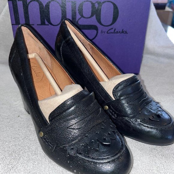 Clarks | Shoes | Nib Clarks Indigo Town Black Leather Heels 6 | Poshmark